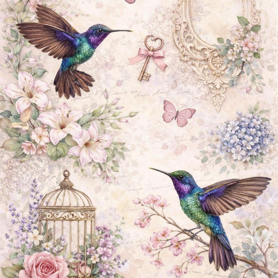 Decoupage Rice Paper Hummingbird Vintage Floral Frame Birdcage Roses ...