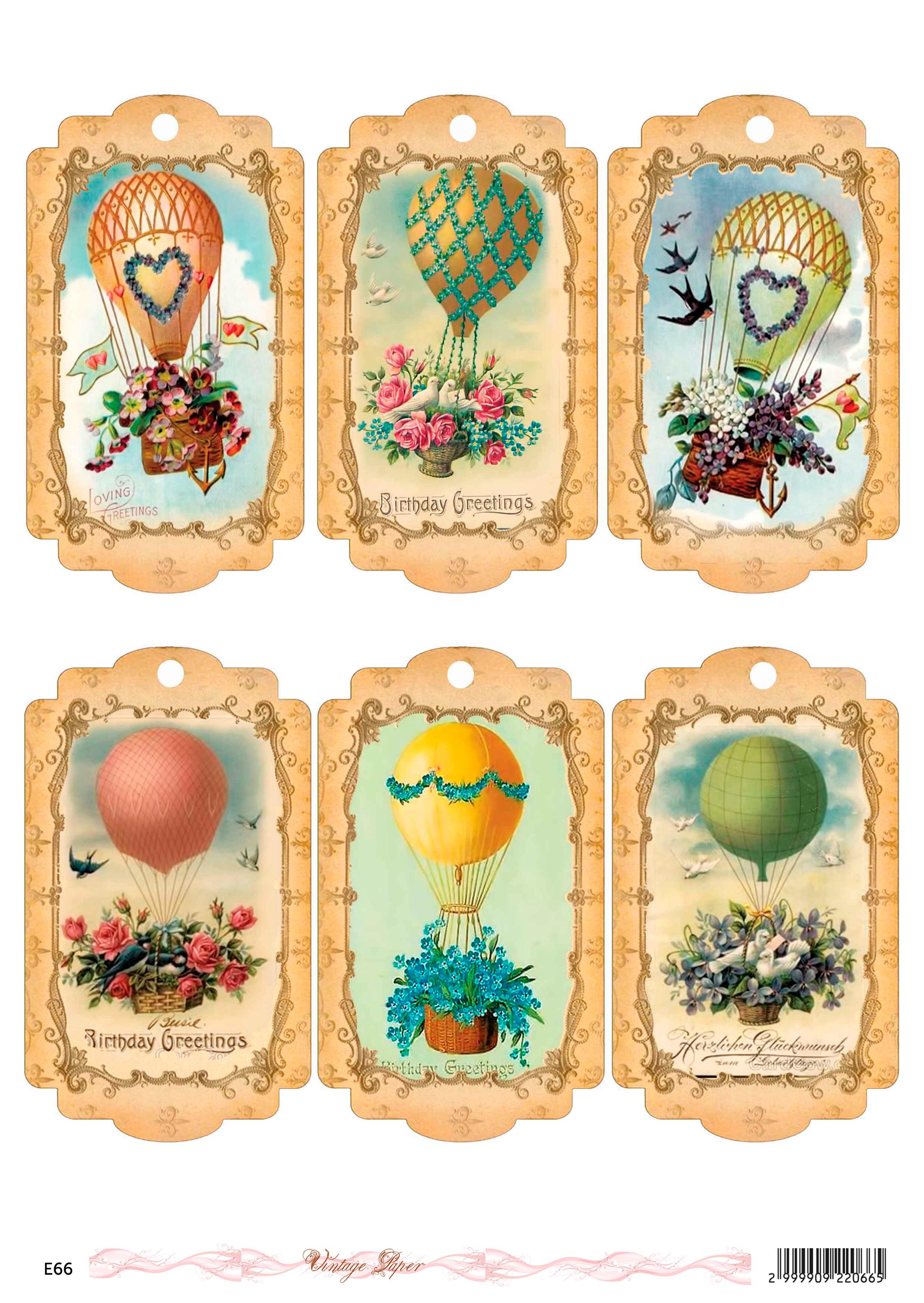 Vintage Hot Air Balloons Floral Decoupage Rice Paper Birthday Greetings ...