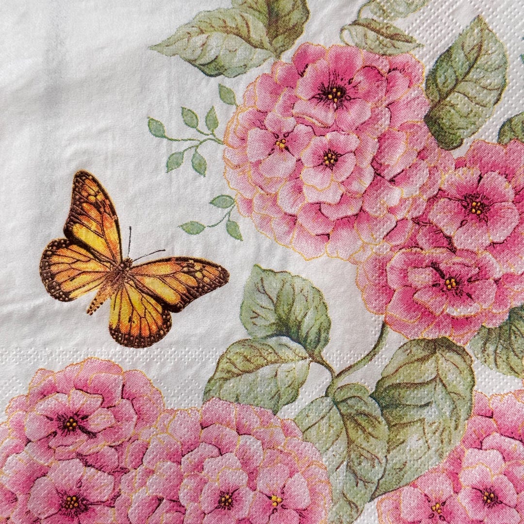 13'' Pink Hydrangeas Monarch Butterflies Floral Paper Napkin for ...