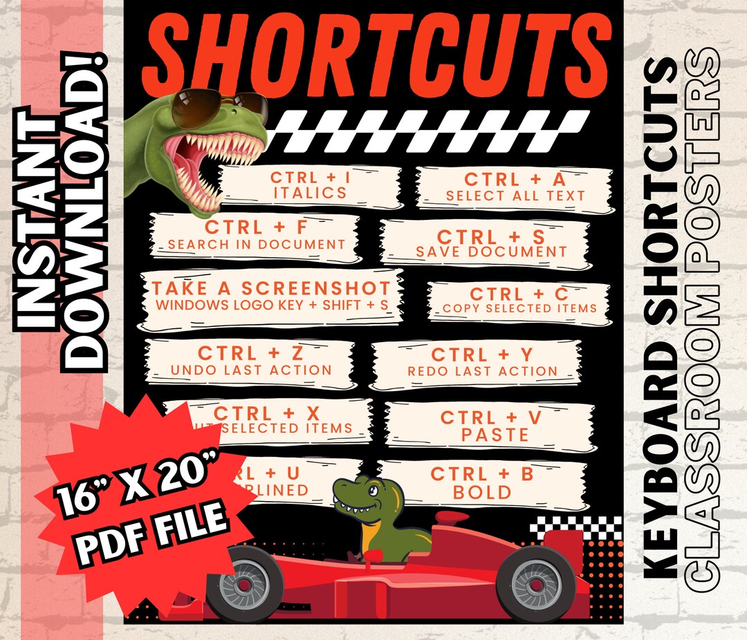 Keyboard Shortcut Poster: Dinosaur in Racecar, Classroom Decor (PDF) - Etsy