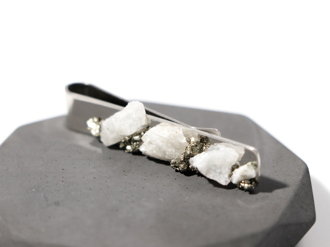 Raw Moonstone & Pyrite Tie Bar | Swiss Crystal, Surgical Steel | Unique ...