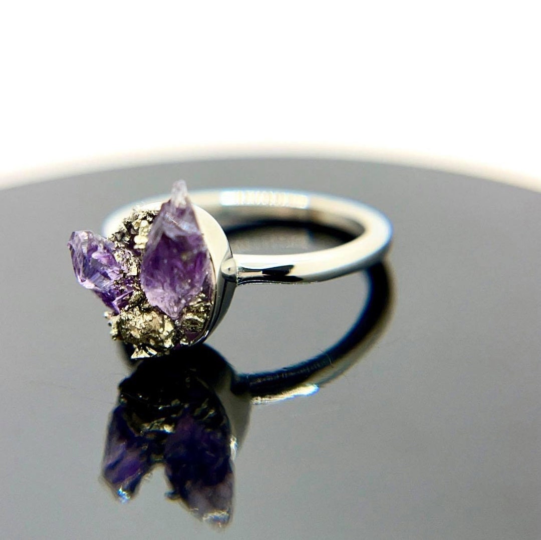 Raw Amethyst Steel Statement Ring February Birthstone Ring Natural ...