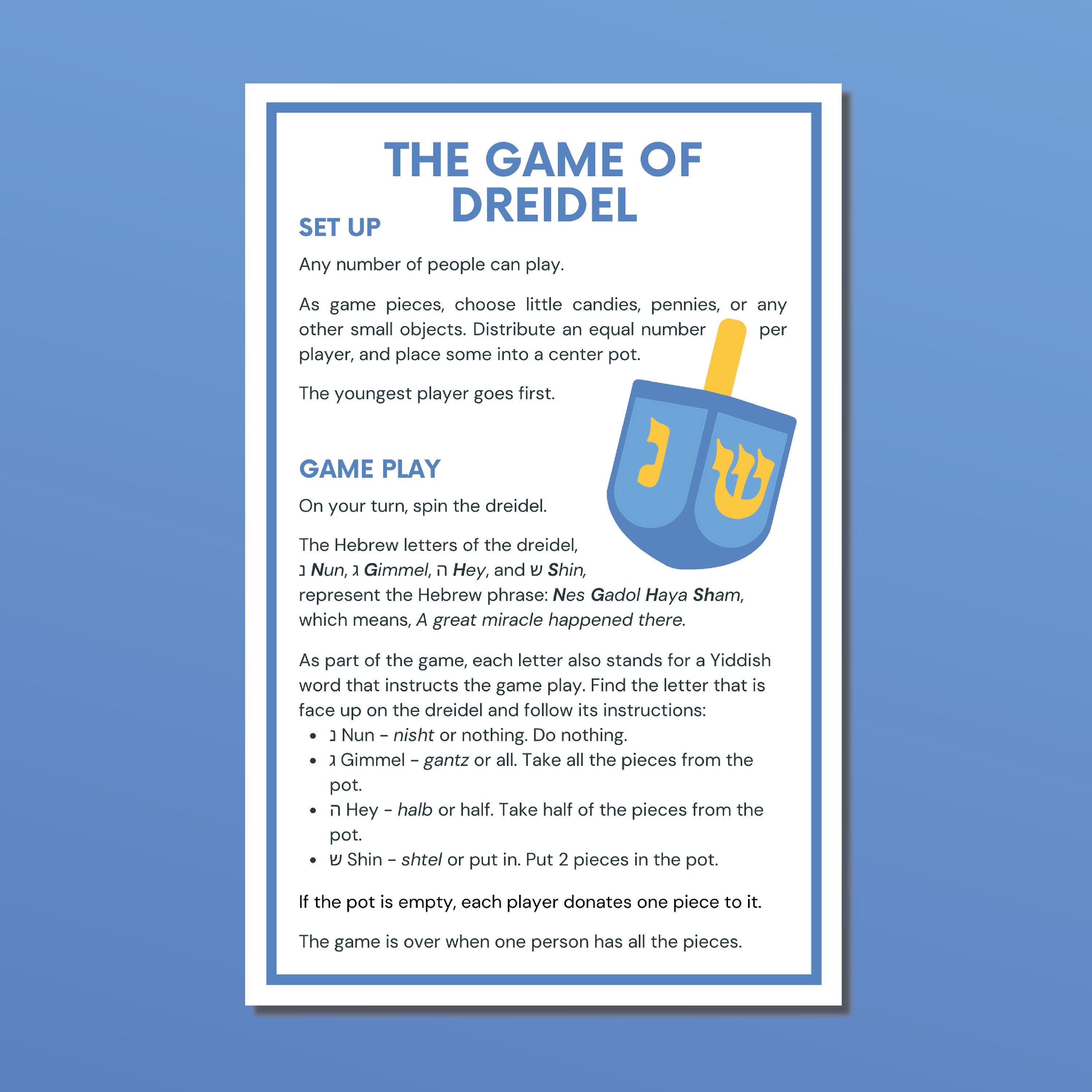 Dreidel Instructions Learn To Play Dreidel Sivivon Etsy