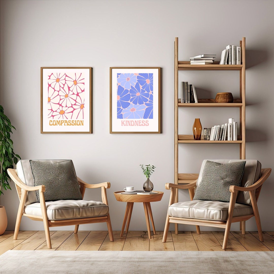 Kindness & Compassion Digital Floral Duo Inspirational Wall Art Prints ...