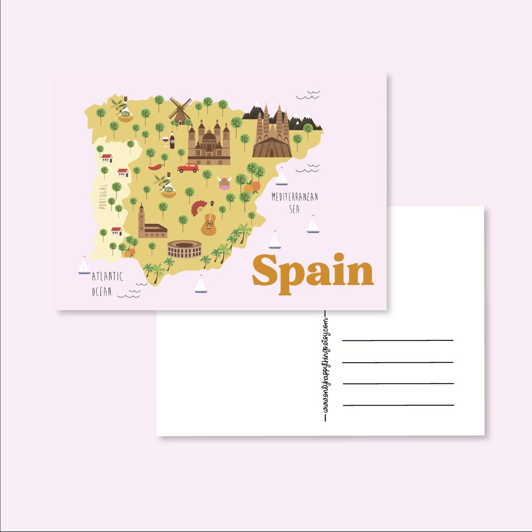 POSTCARD SPAIN / Spanish Map Illustrated Cute Snailmail Card ...