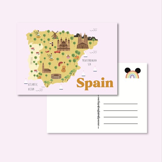 POSTCARD SPAIN / Spanish Map Illustrated Cute Snailmail Card | Etsy