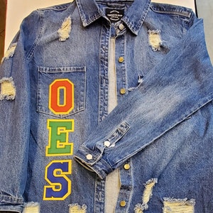 OES Letter Distressed Denim Jacket - Etsy