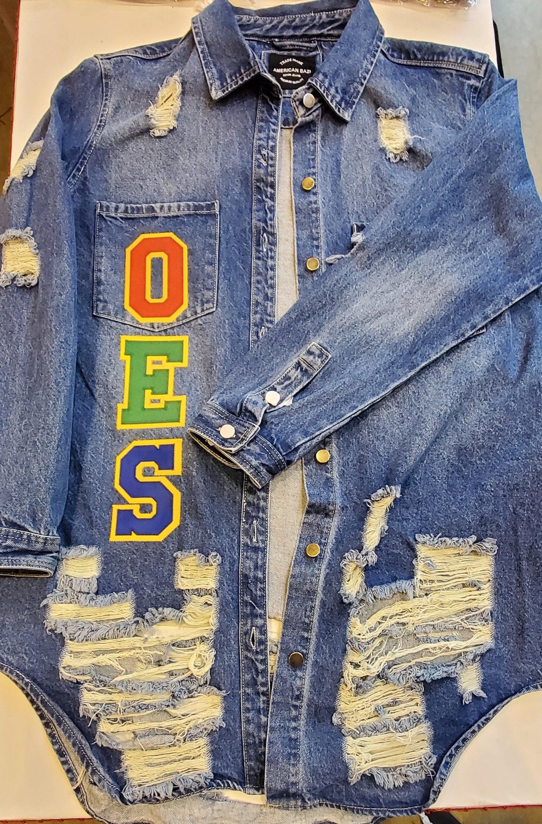 OES Letter Distressed Denim Jacket - Etsy