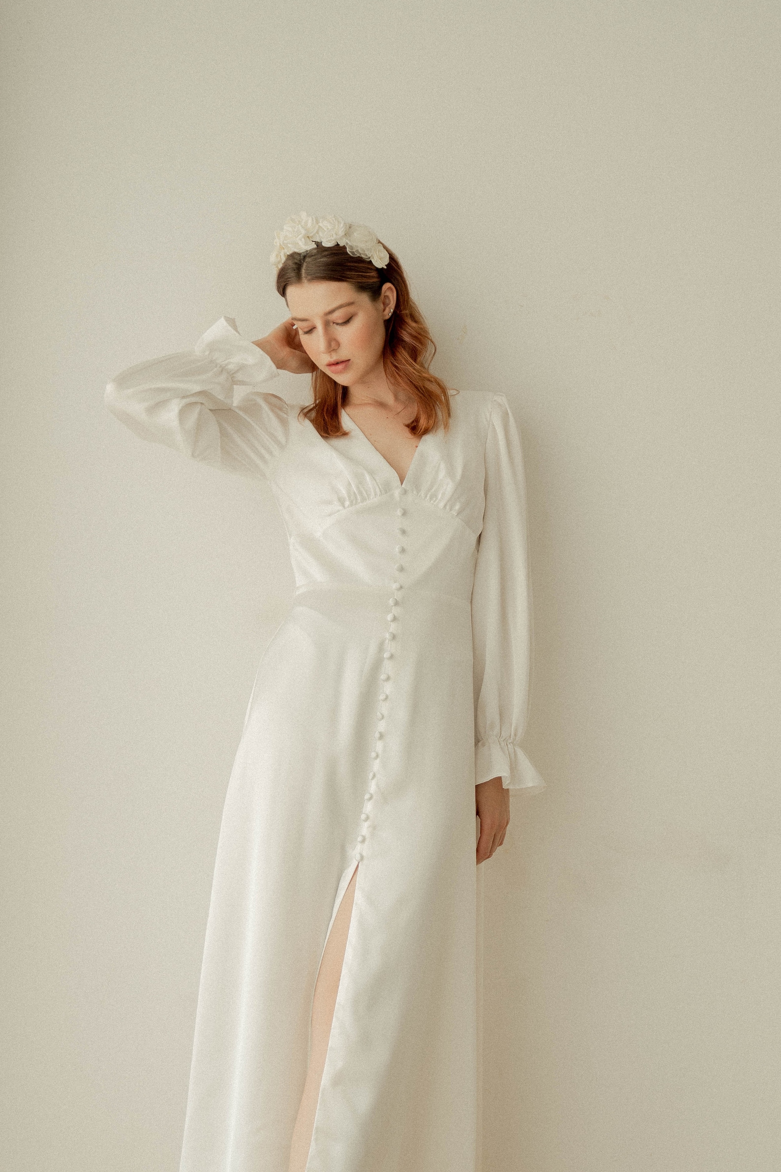 Caroline Cream White Long Sleeves Dress / Floor Length Satin - Etsy