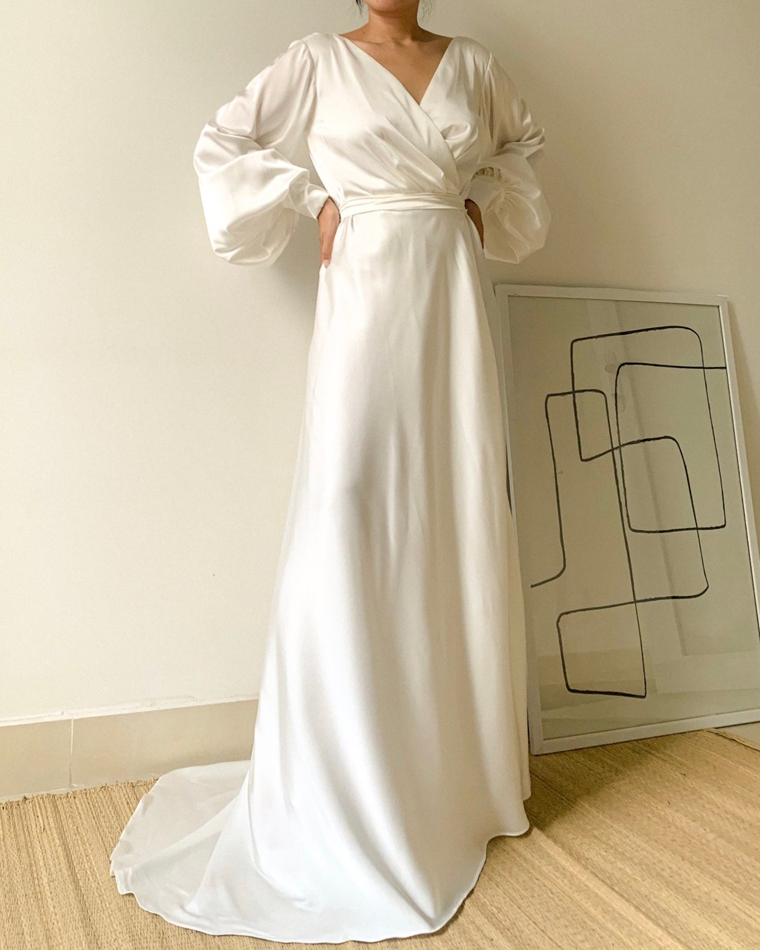 Cameron Bridal Floor Length Wrap Dress Ballon Sleeves Satin - Etsy