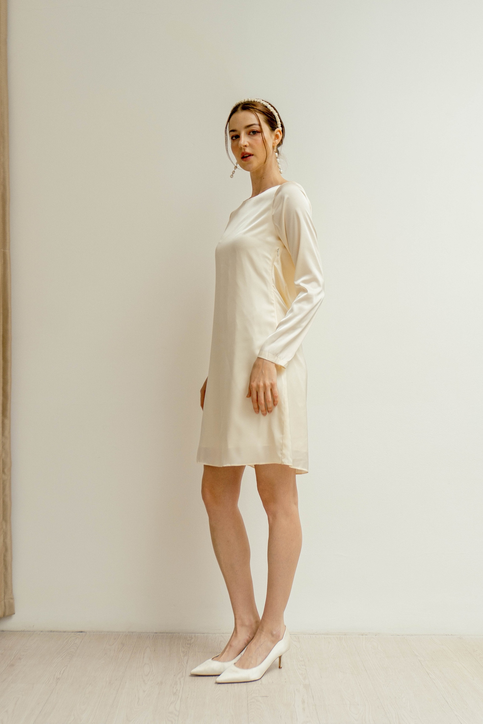 Audrey Satin Open Back Mini Dress - Short Wedding Dress With Long ...