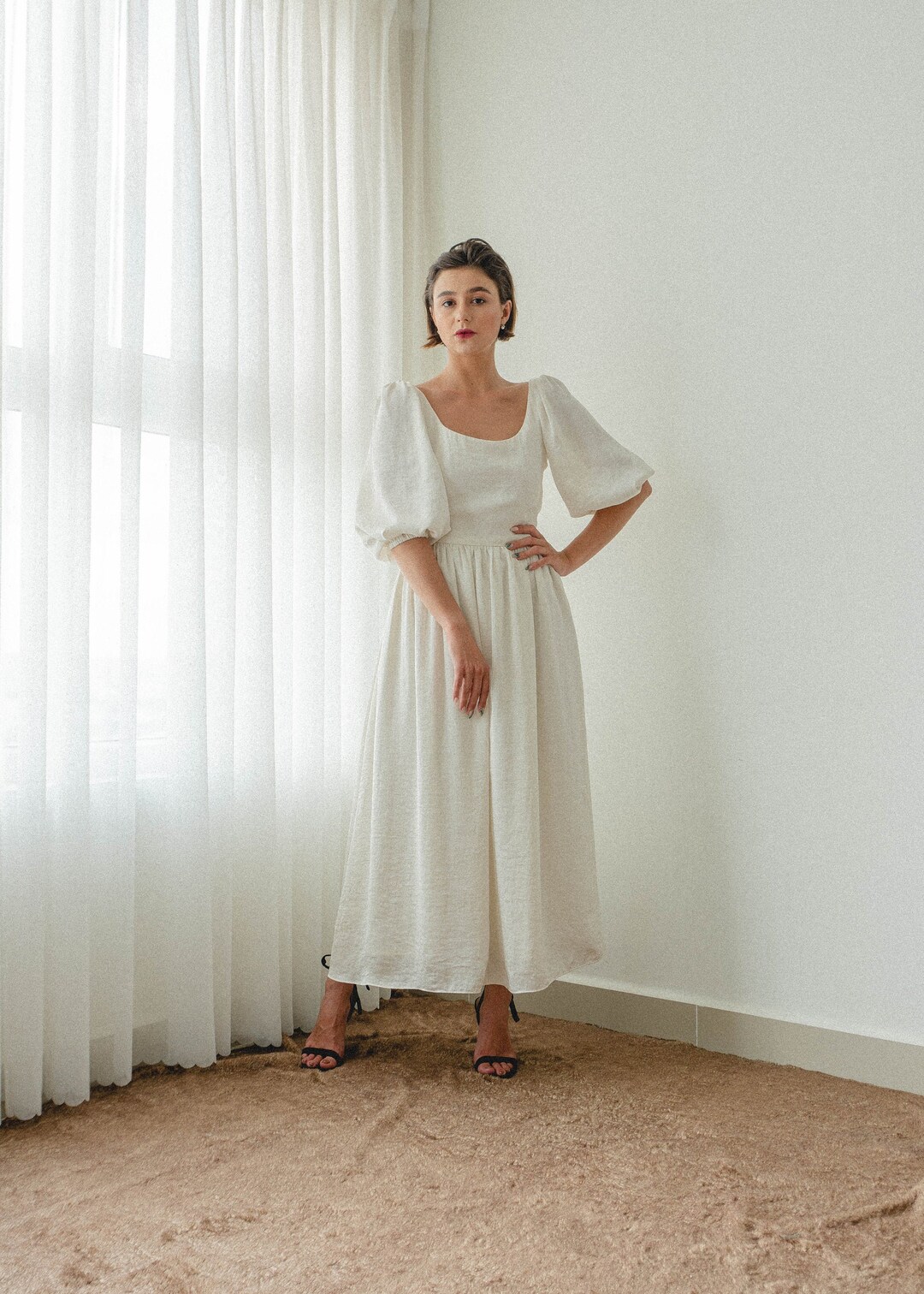 Katniss Puff Sleeves Dress/ Square Neck Satin Dress/puffy Sleeves Tea ...