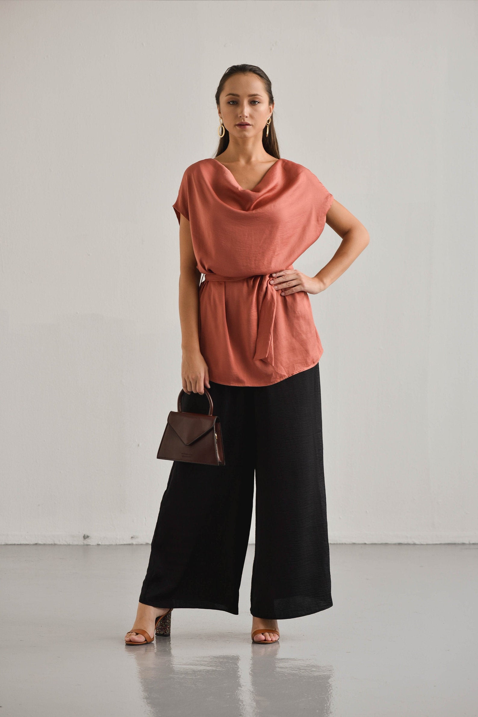 Lana Cowl Neck Top Simple Silk Blouse Coral Silk Blouse - Etsy