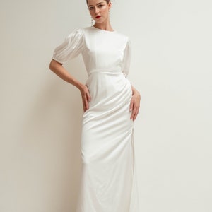 Paula Floor Length Satin Gown With Train / Puff Sleeves Dress / Ruched ...