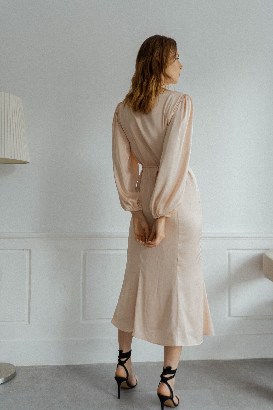 Esme Pearl Pink Tea Length Dress / Puff Sleeves Satin Dress / | Etsy