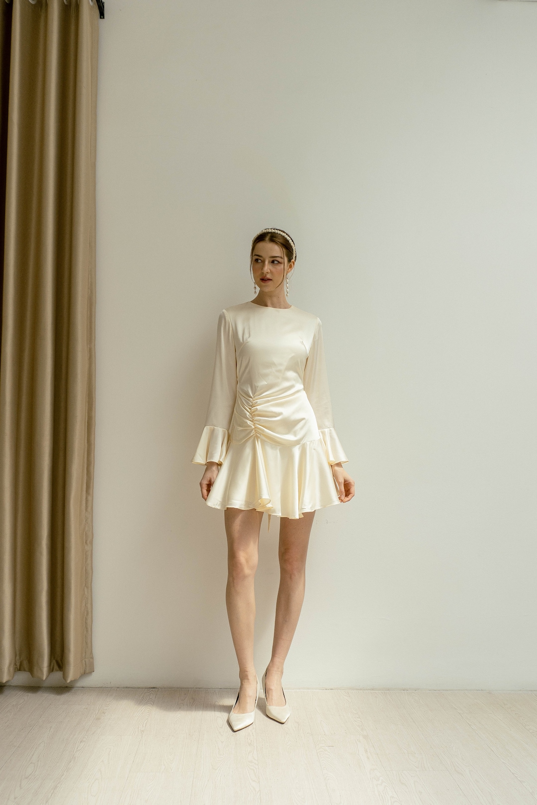 Astrid Satin Mini Dress - Short Wedding Dress With Long Sleeves - Etsy