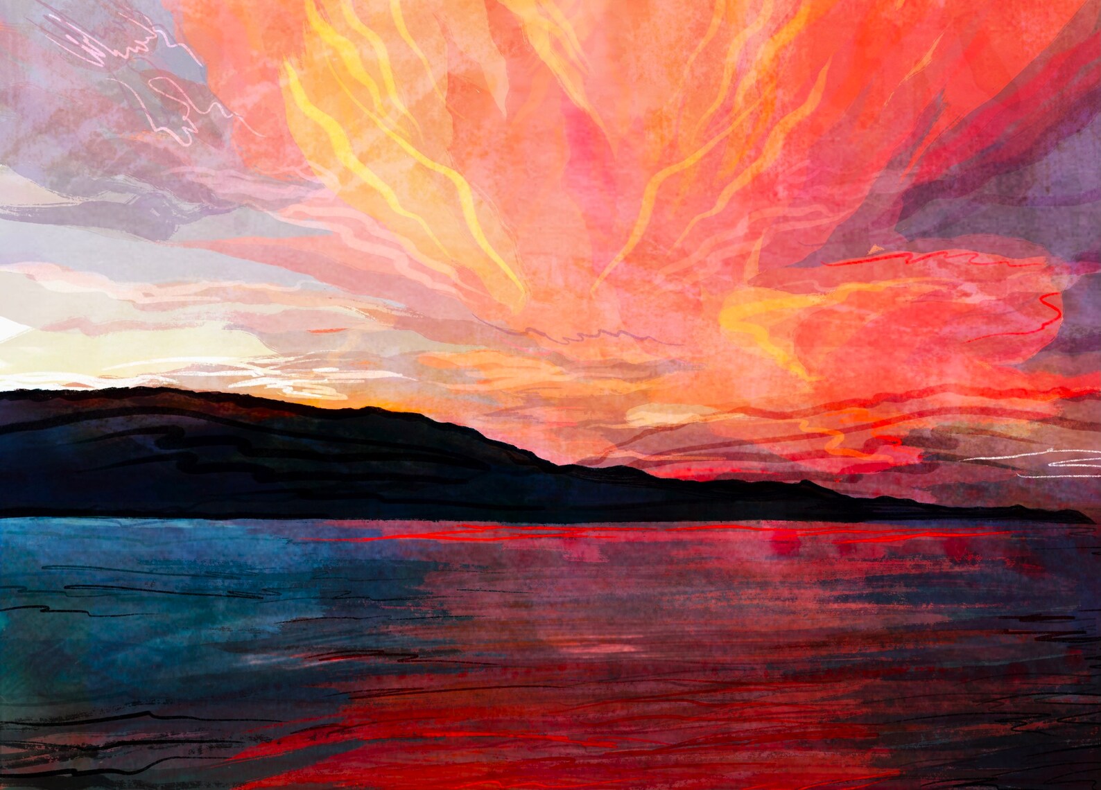 Red Sunrise / Sunset ART PRINT Original Seascape Watercolour - Etsy UK