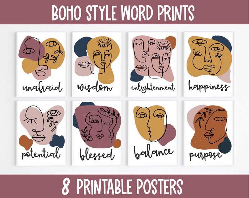 Female Line Art Boho Word Posters Affirmations Blessed - Etsy