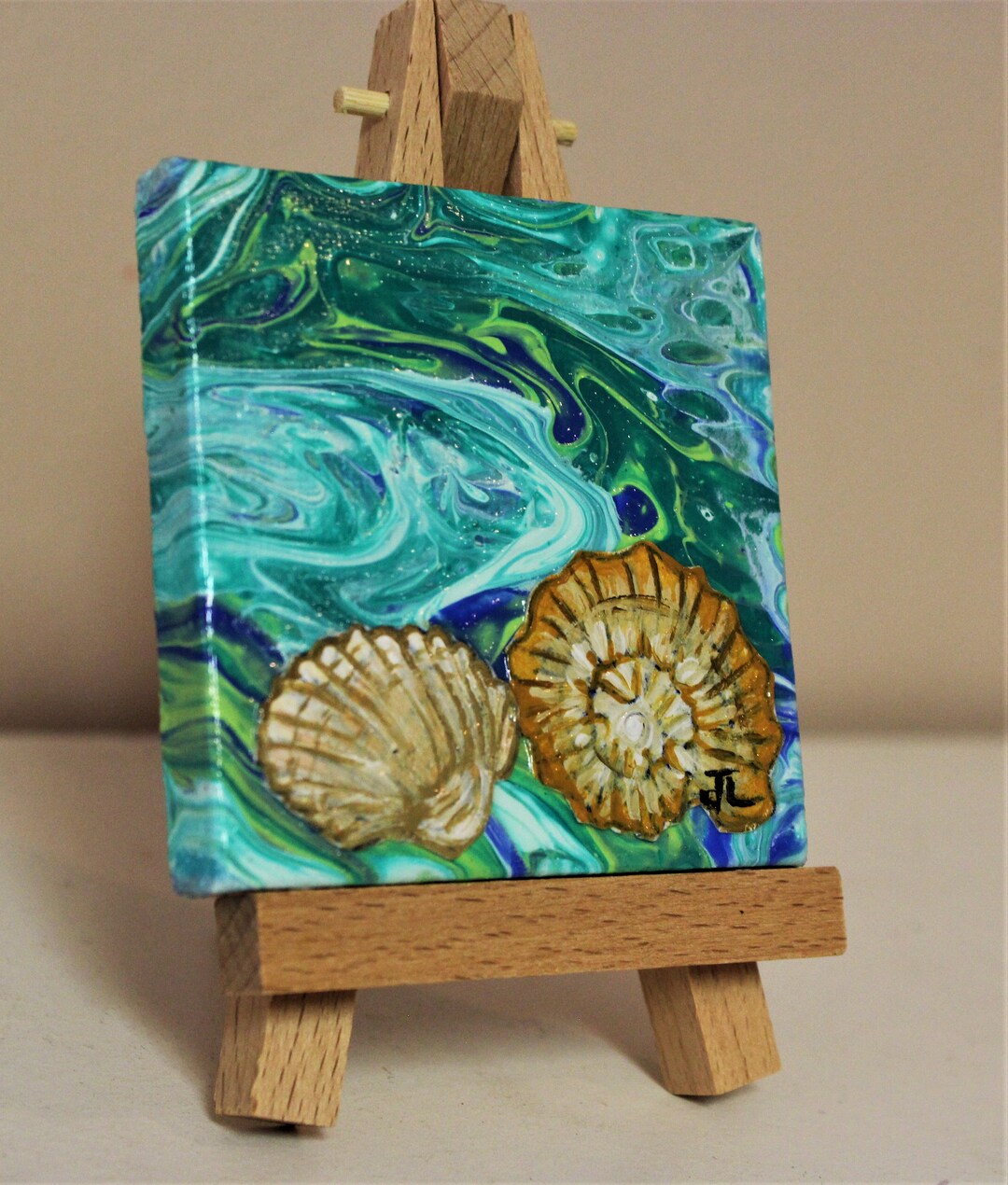 3x3 Canvas.conch Shell and Clam Shell Acrylic Painting Over an Original ...
