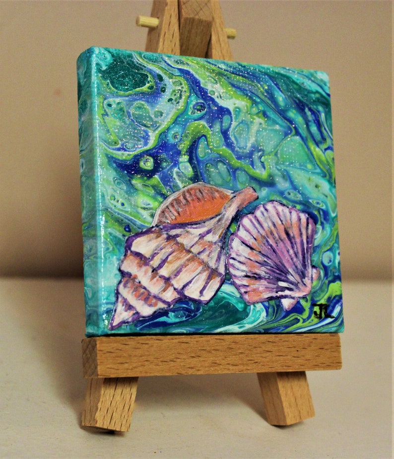 3x3 Canvas.conch Shell and Clam Shell Acrylic Painting Over an Original ...
