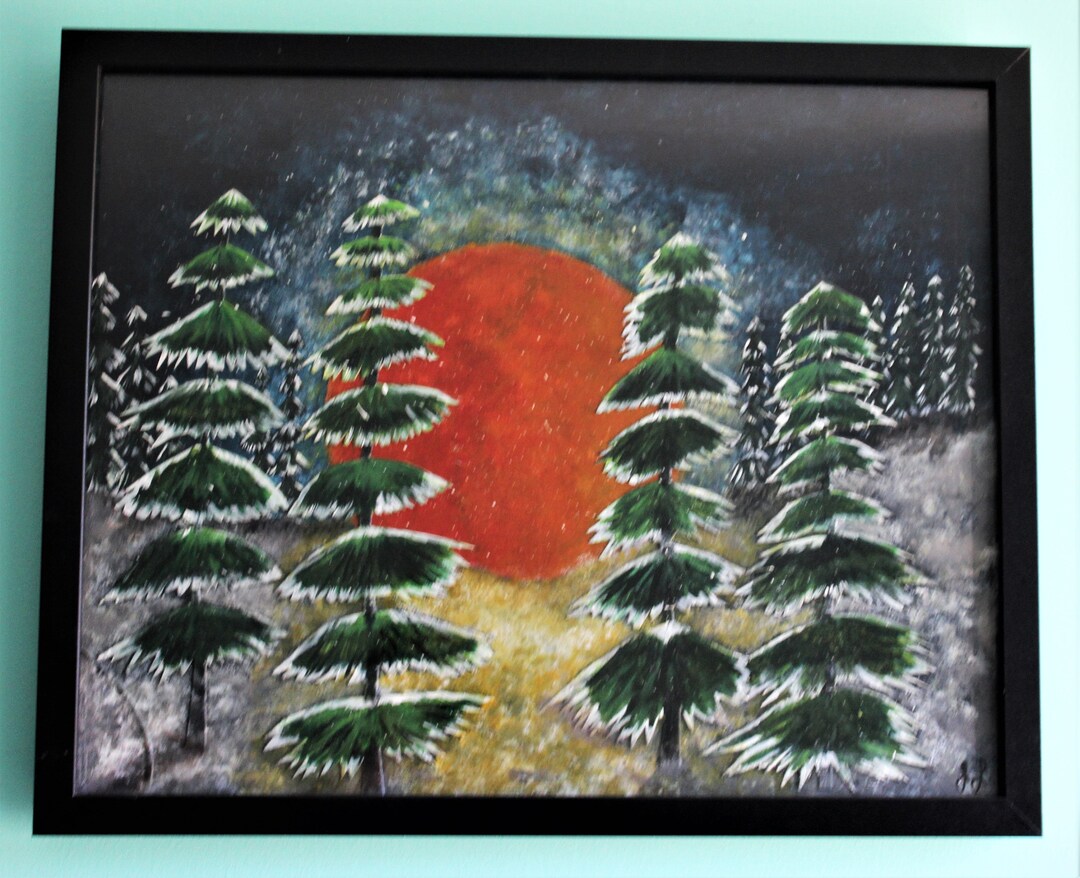 20x16 Framed Multimedia Acrylic Painting on Canvas. Blood Moon Forest ...