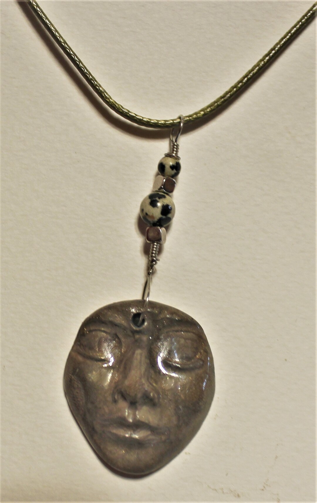Hand Sculpted Polymer Clay Mask Face Necklace With Dalmatian Jasper ...