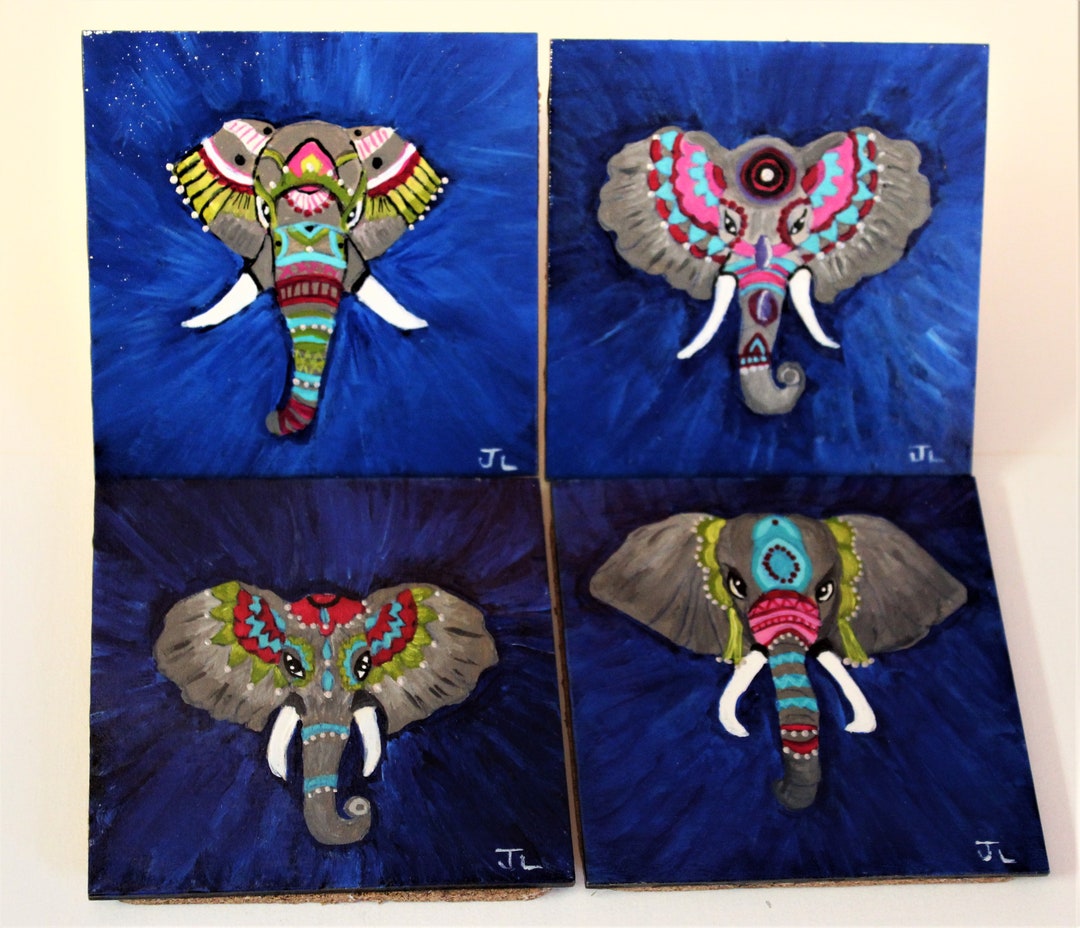 Coaster Set, Four Hand Painted Elephant Head Coasters With Cork on the ...