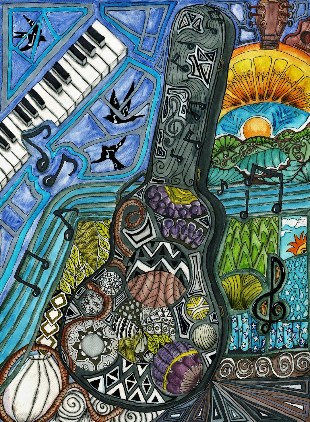 Mated Print of Original Watercolor and Ink Zentangle Painting Called ...