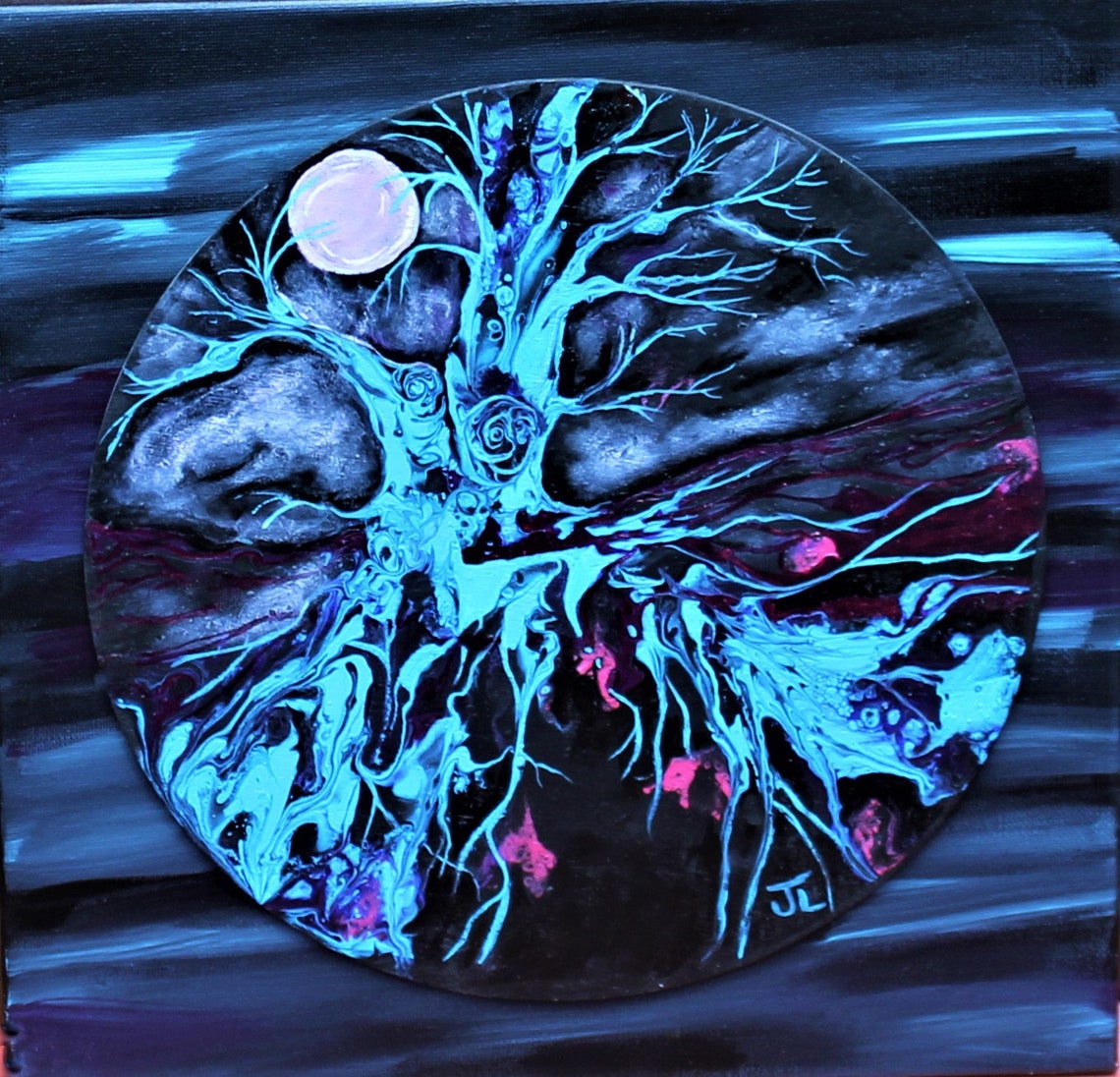 12x12 Painting. Acrylic Pour, Midnight Tree Painting. Round Wood ...