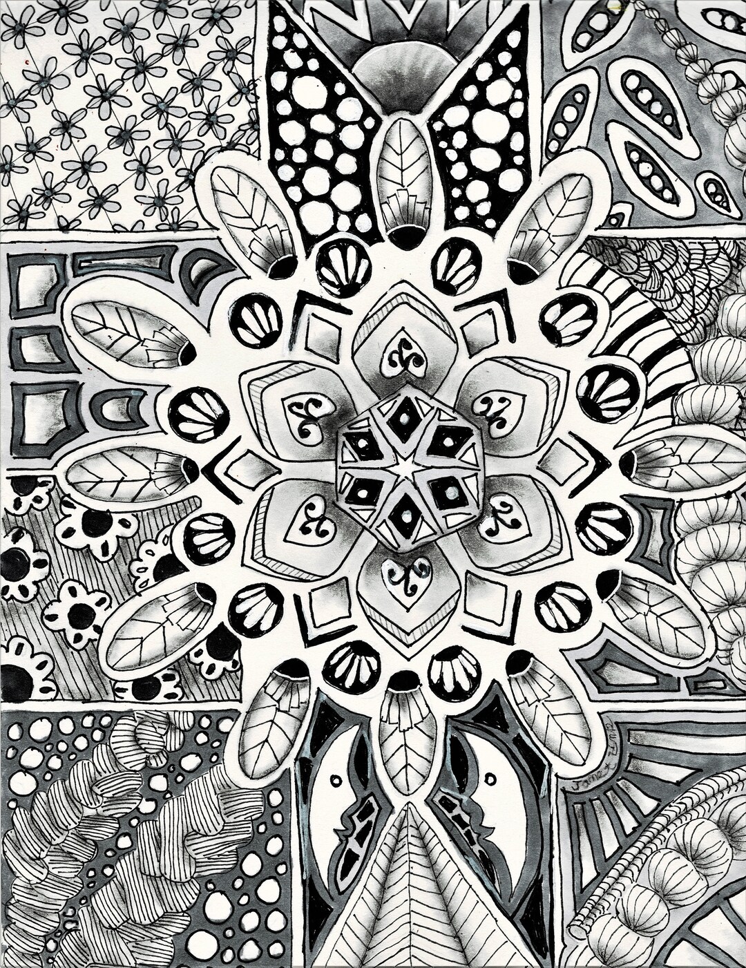 Mated Print of an Original Ink and Pencil Zentangle Drawing "mandala ...