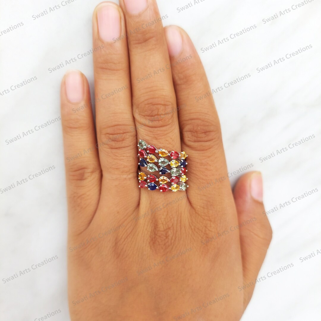 Natural Multi-stone Ring, Sterling Silver Ring, Pear Shape Stone ...