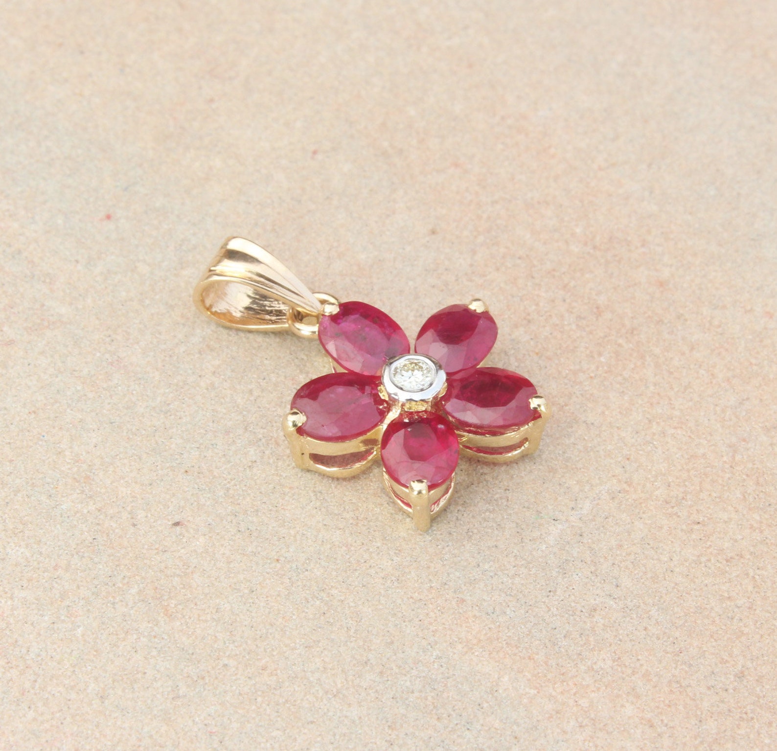 Natural Ruby and Diamond Flower Pendant in 14k Yellow Gold - Etsy