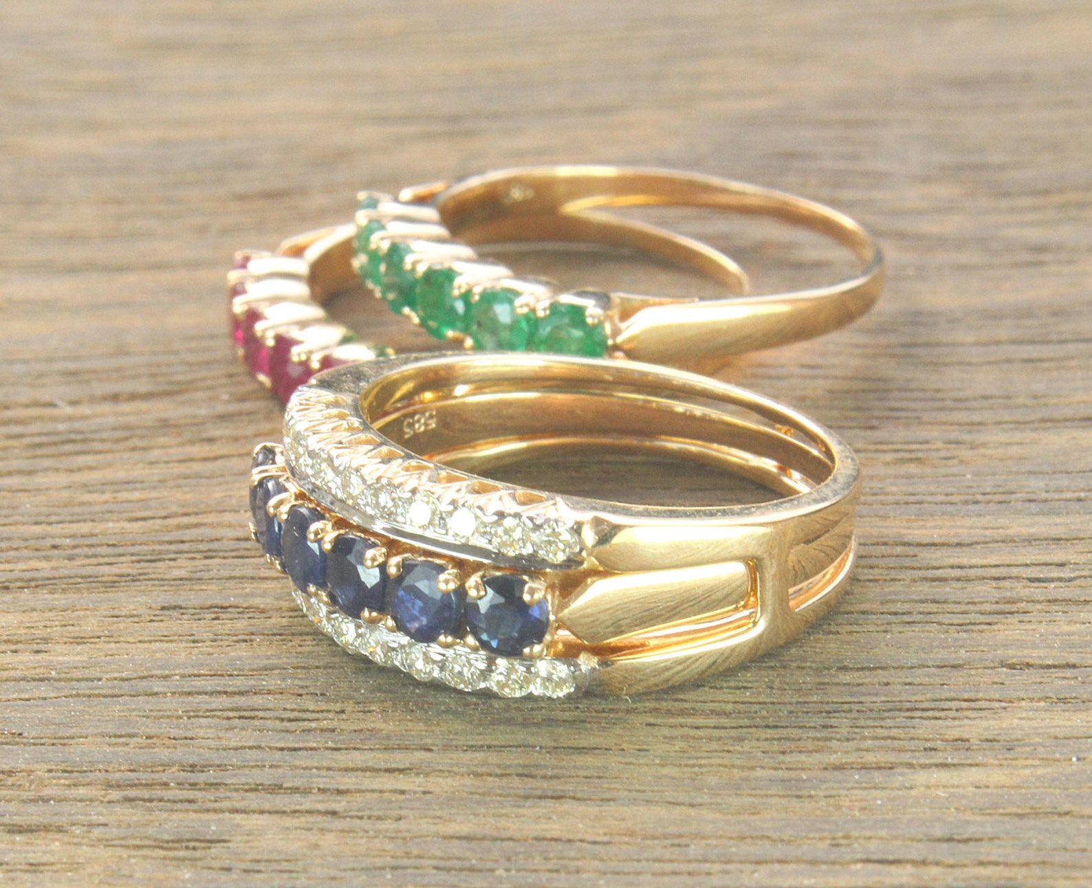 Emerald Ruby Sapphire Changeable Ring Set in 14K Yellow Gold | Etsy