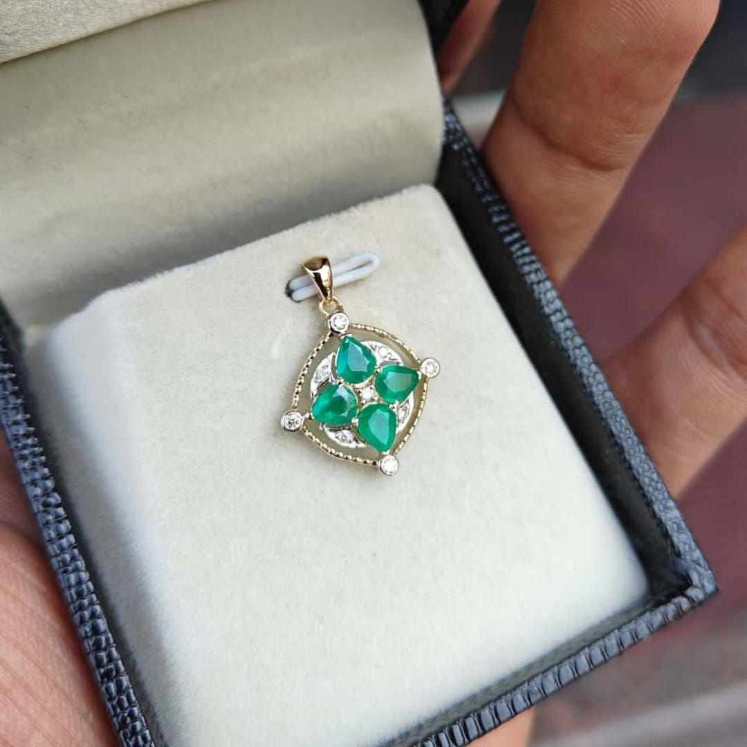 Handmade Natural Emerald and Diamond Gold Pendant, 14k Yellow Gold ...