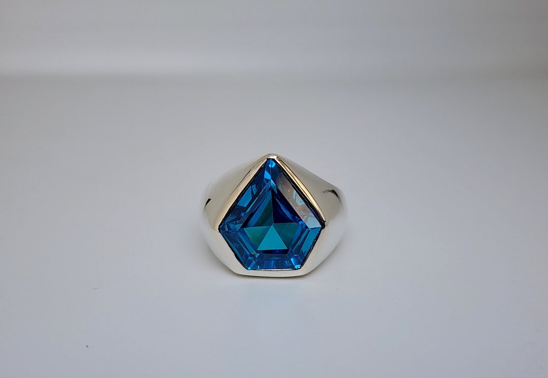 Antique Diamond Blue Topaz Ring, Signet Mens Ring, Women Ring, Diamond ...