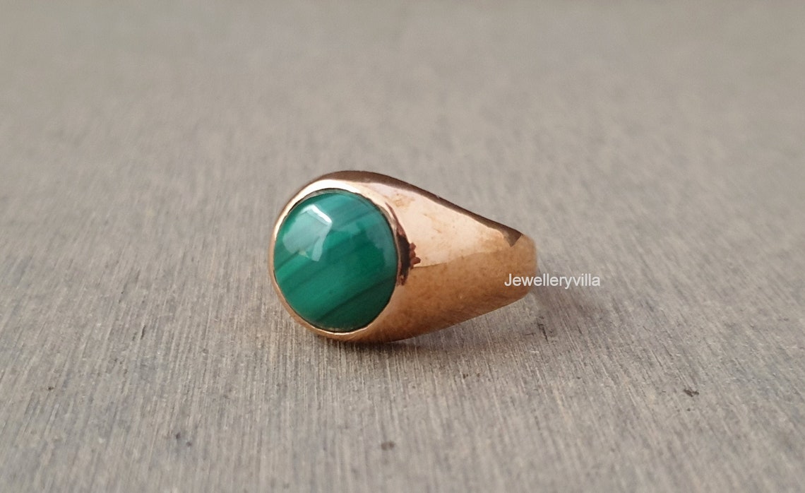 Round Malachite Signet Ring Copper Ring 925 Sterling Silver - Etsy
