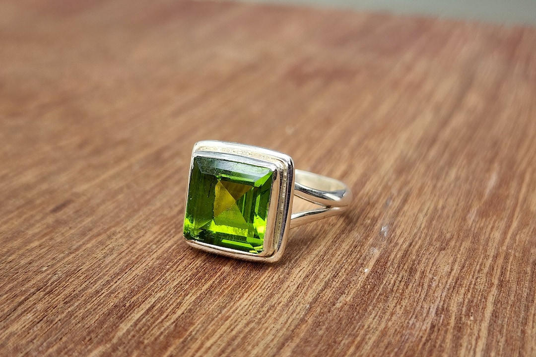 Peridot Ring Square, 925 Solid Sterling Silver Ring, 22K Yellow Gold ...
