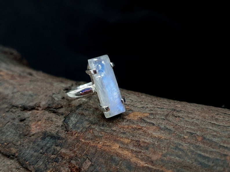 Natural Moonstone Ring Rectangle Blue Flashy Moonstone Ring - Etsy