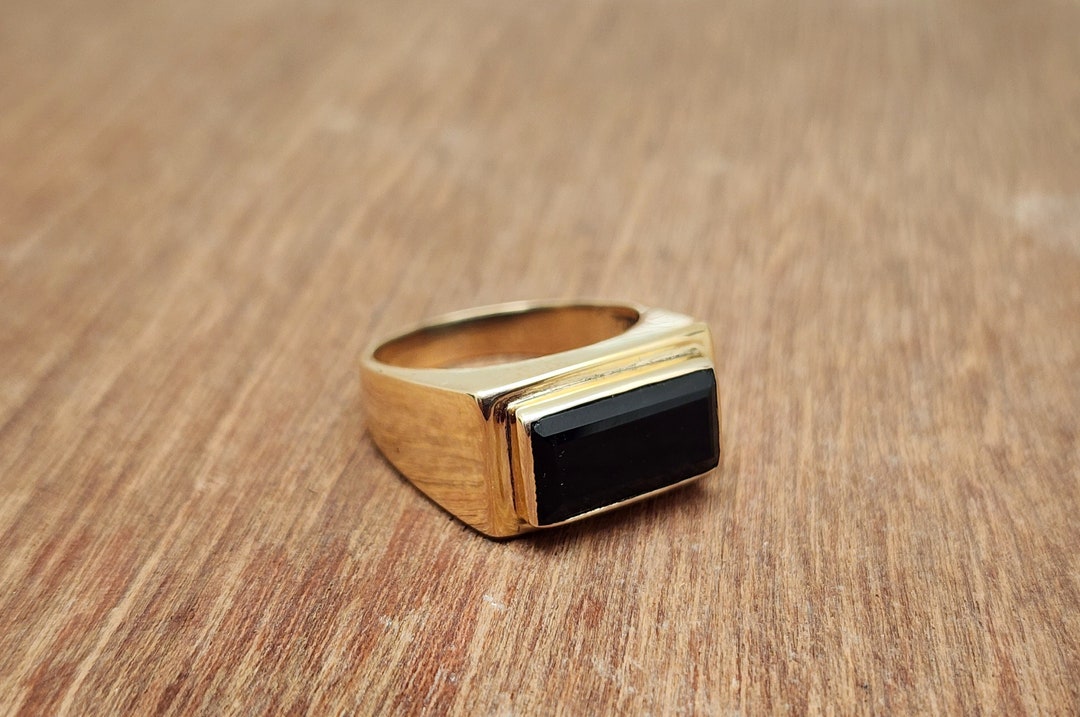 Black Onyx Signet Ring, 18k Yellow Gold Plated Ring, 925 Solid Sterling Silver Ring, Natural ...