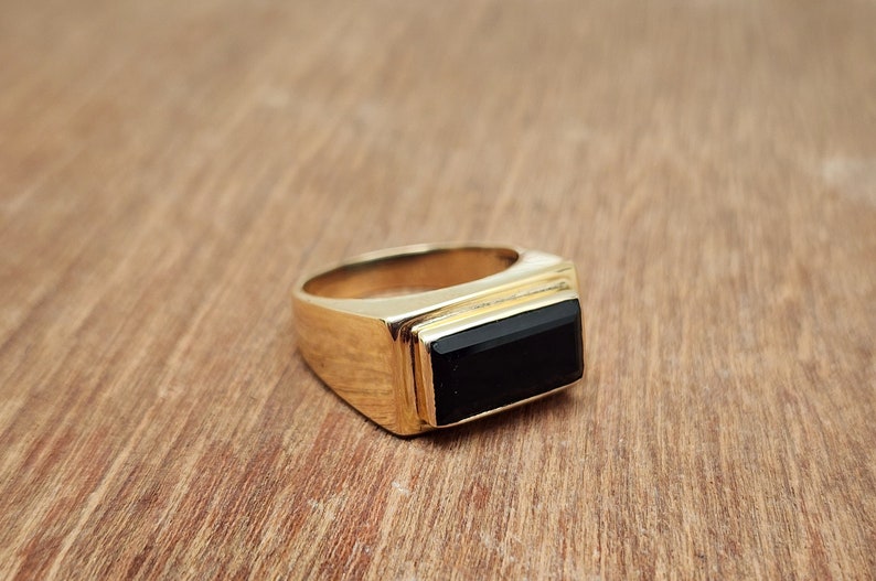 Black Onyx Signet Ring, 18k Yellow Gold Plated Ring, 925 Solid Sterling Silver Ring, Natural ...