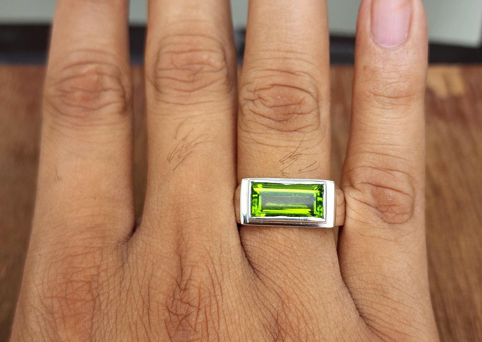 Peridot Ring Rectangle, 925 Solid Sterling Silver Ring, 22K Yellow Gold ...