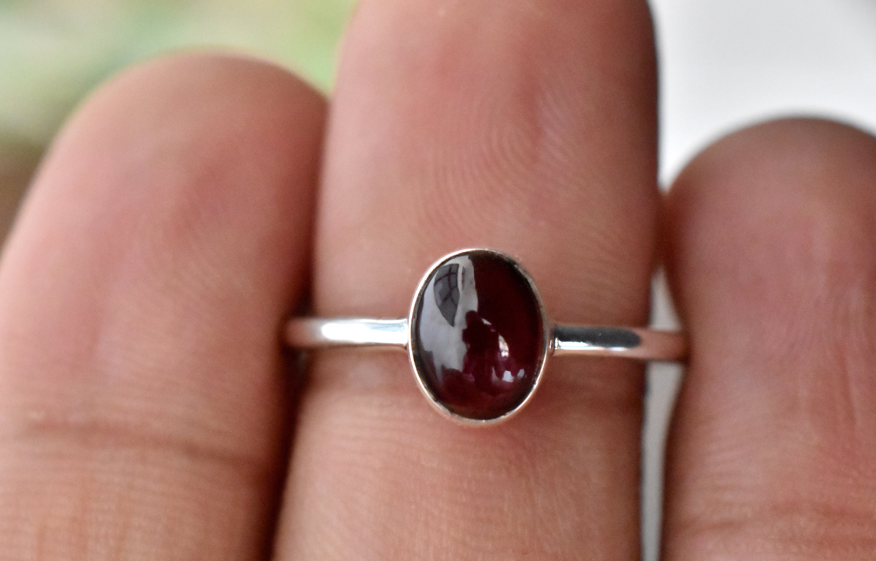 Natural Garnet Minimalist Ring, 925 Solid Sterling Silver, Oval Tiny ...