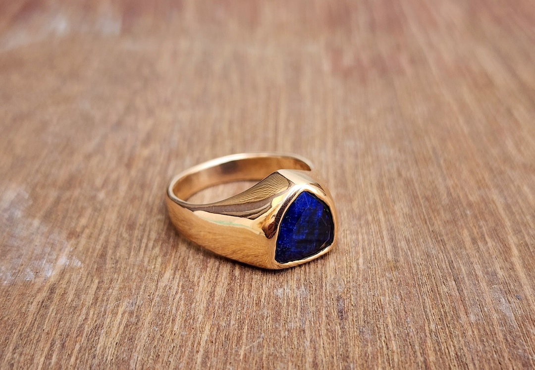 Natural Blue Sapphire Signet Ring, 925 Sterling Silver Ring, 18k Gold ...