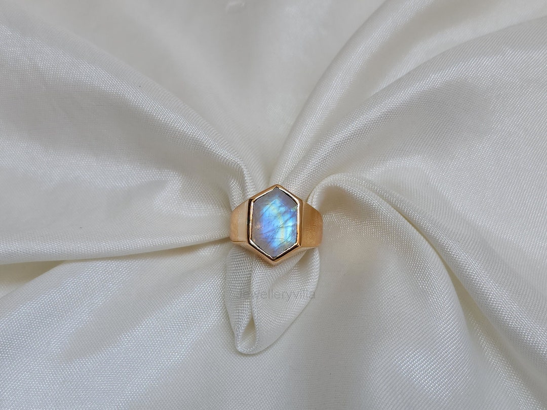 Natural Moonstone Signet Ring Hexagon, 925 Sterling Silver Ring, Mens ...
