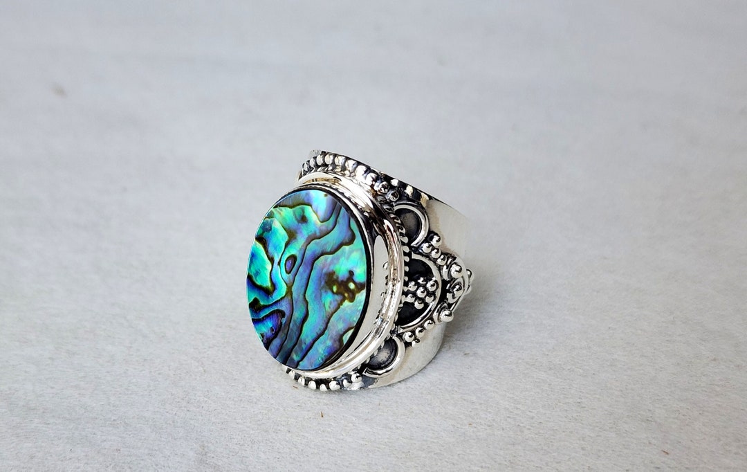 Designer Abalone Shell Ring, 925 Solid Sterling Silver Ring, Minimalist Ring, Oval Flat Abalone ...
