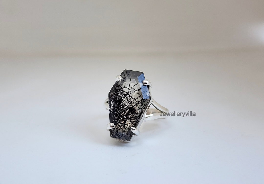 Black Rutile Coffin Ring, 925 Sterling Silver Ring, Handmade Boho Coffin Shape Ring, Yellow Gold ...
