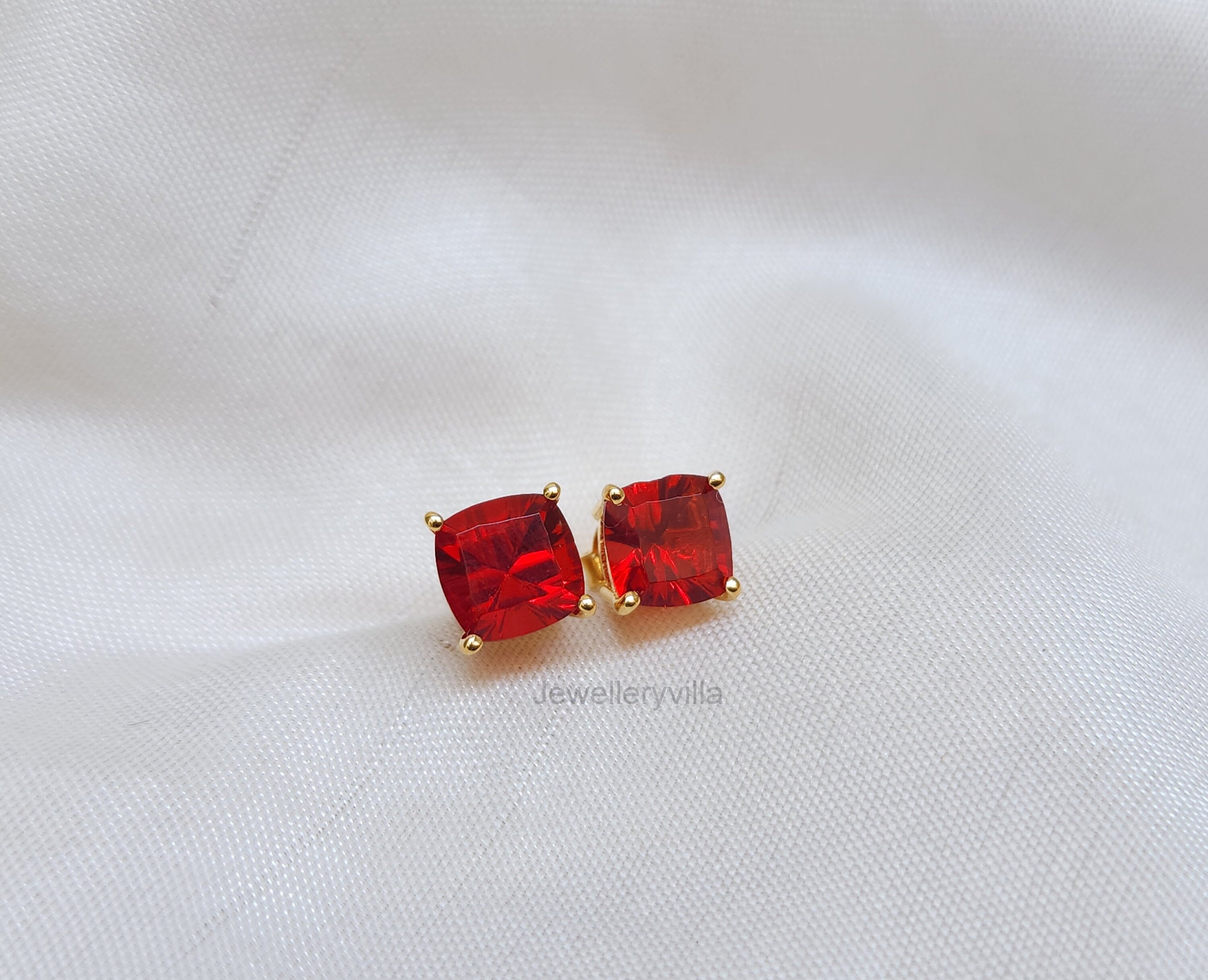 Red Garnet Stud Earrings, Yellow Gold Earrings, 925 Sterling Silver ...