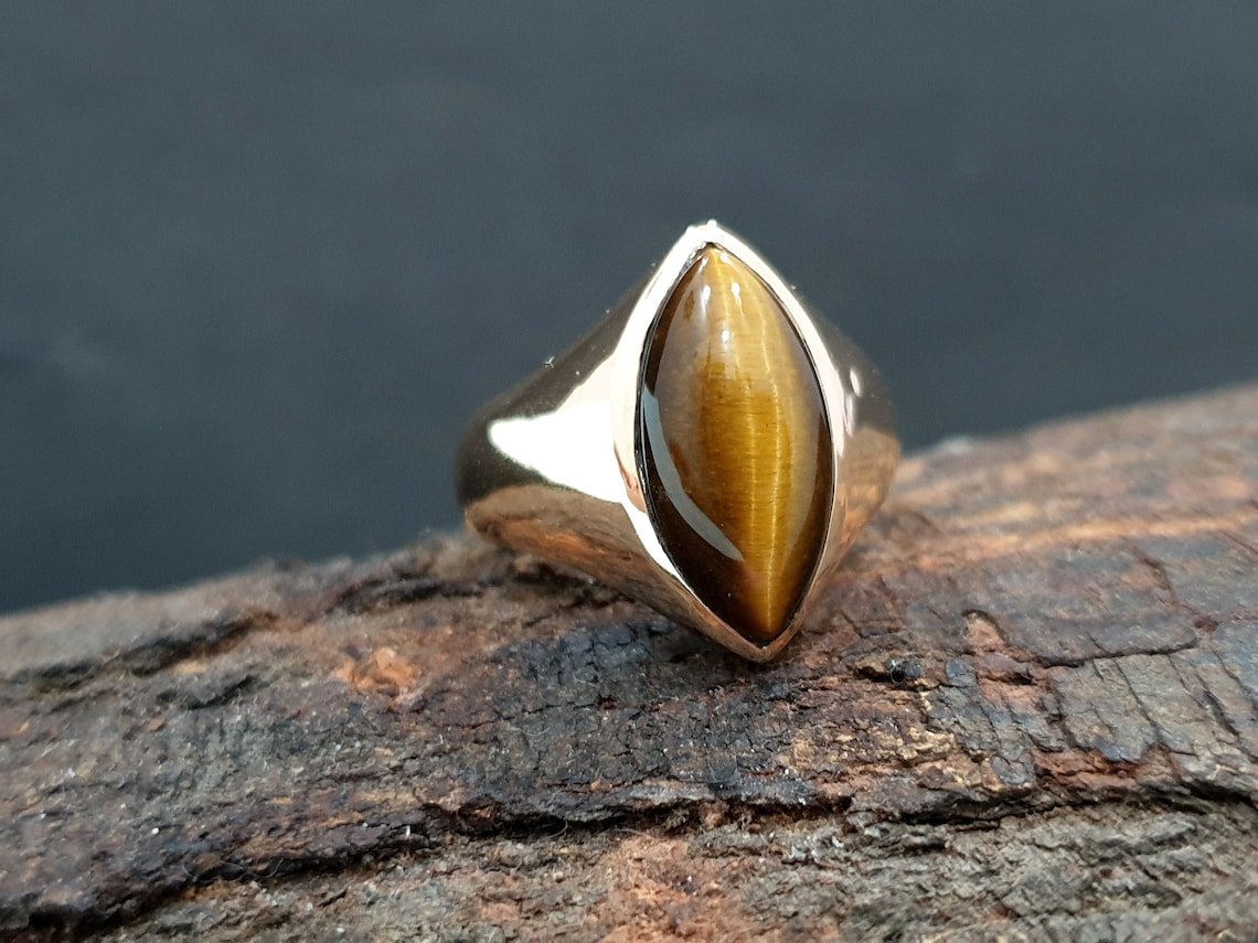Tiger Eye Ring Gold Mens Ring 925 Solid Sterling Silver | Etsy