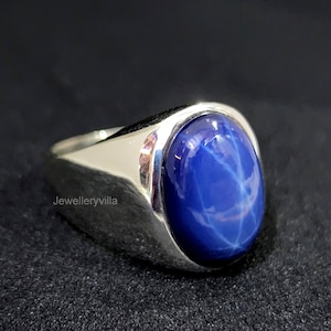 Star Blue Sapphire Signet Ring, Mens Ring, Blue Oval Gemstone Ring, 925 ...