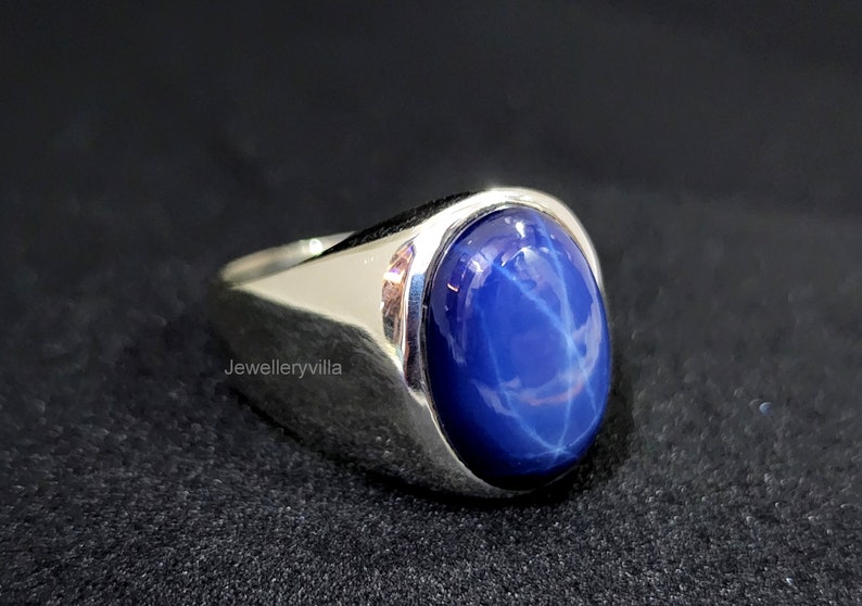 Star Blue Sapphire Signet Ring, Mens Ring, Blue Oval Gemstone Ring, 925 ...